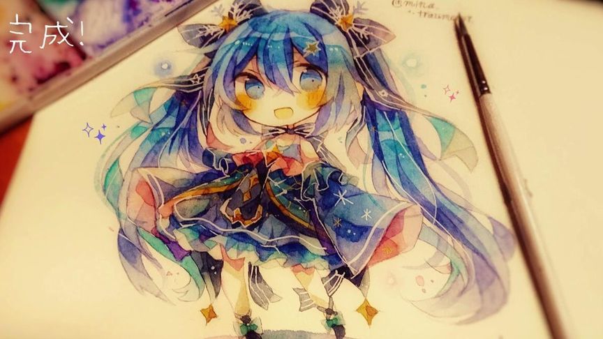 日本插画师用透明水彩绘制一个Q版雪初音过程!色彩叠加相当漂亮