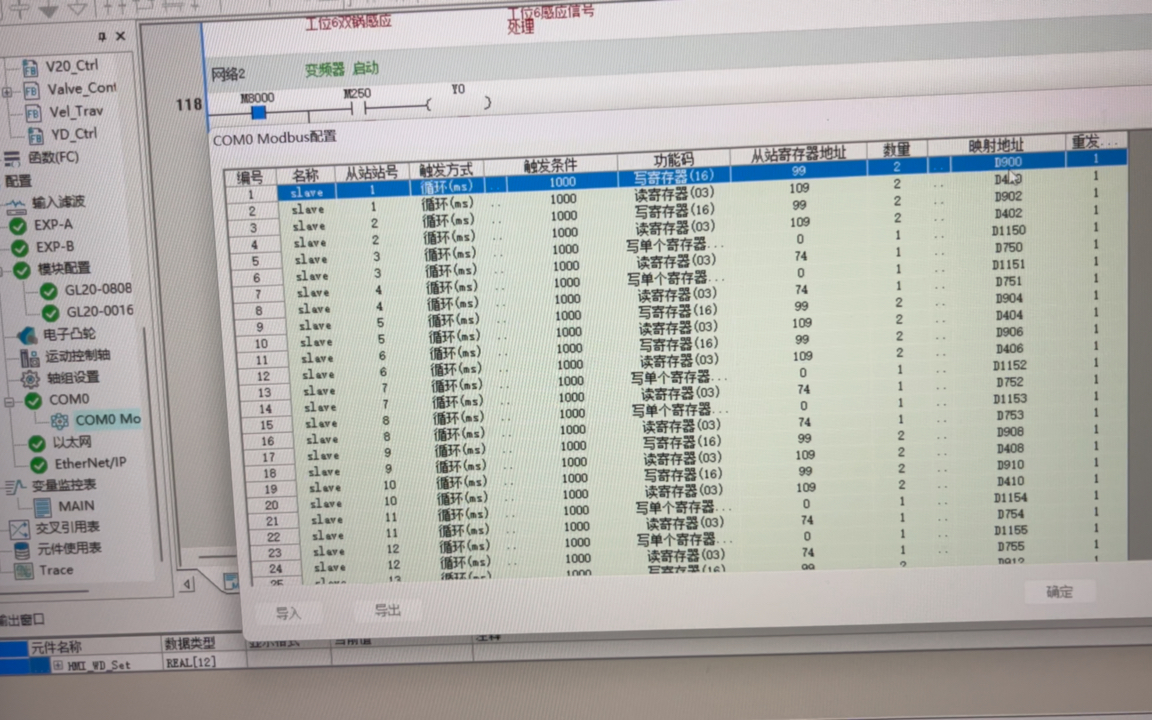 12台V20变频器+12台宇电温控器与汇川P LC进行485通讯