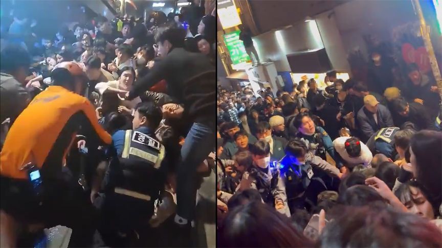 韩国梨泰院踩踏事故事发狭窄胡同 人群堆积如山警方“拔人”救援