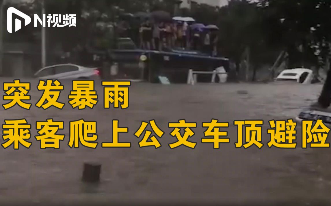 深圳突发暴雨,公交车受淹停驶,被困乘客爬上公交车顶避险