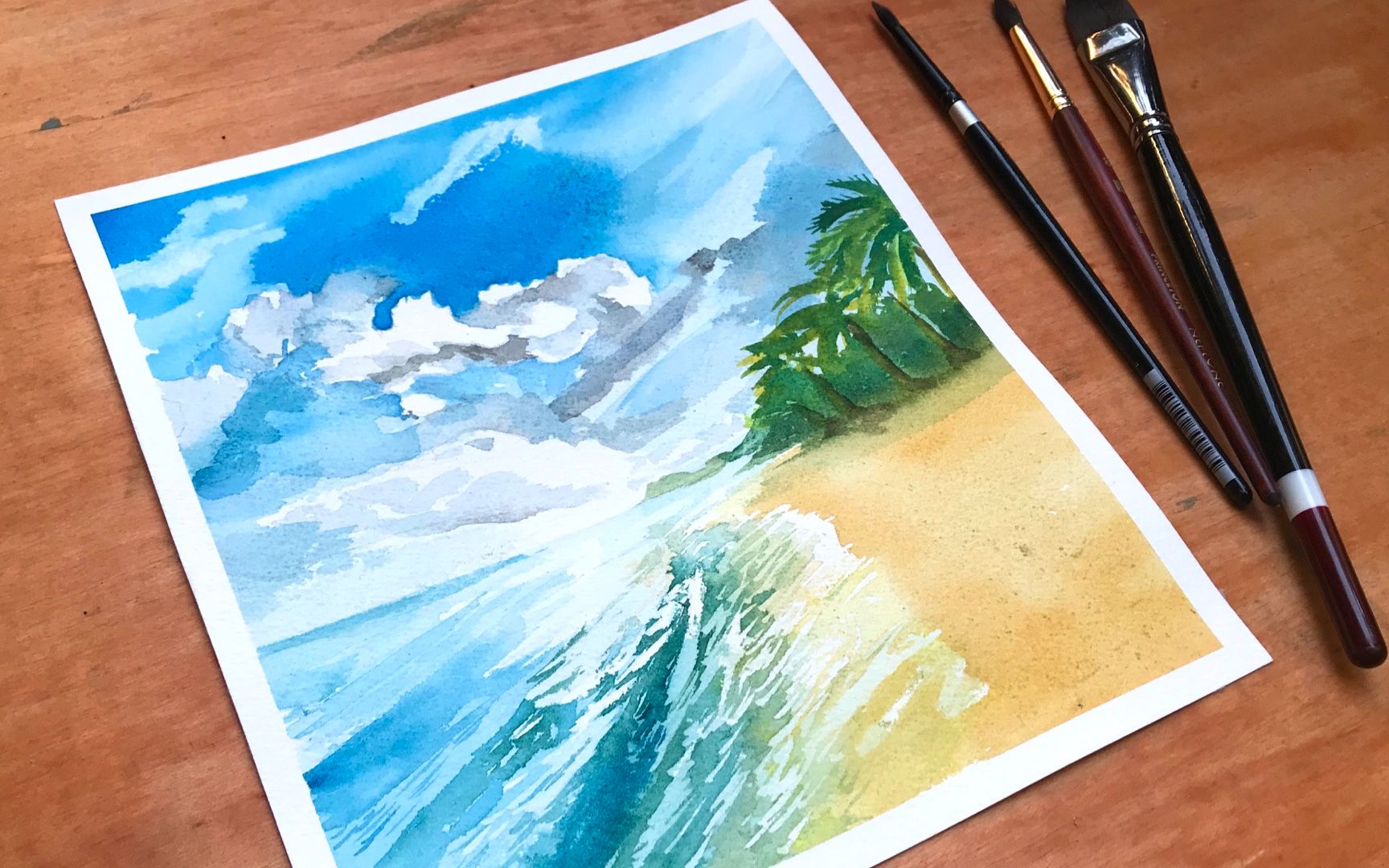 水彩画-蓝天, 碧水, 海滩, 椰林风景绘画