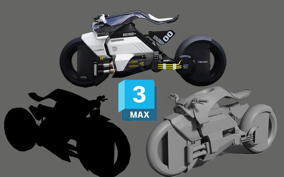 3DMAX道具模型~零基础教你样条线方式制作科幻摩托车模型