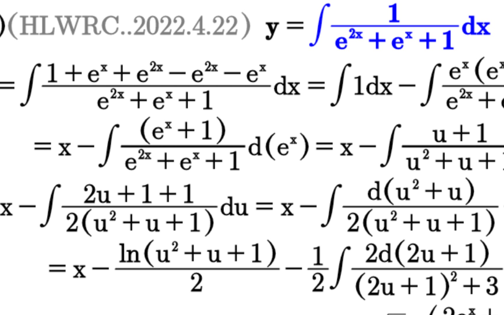 求解不定积分∫1/(e^(2x)+e^x+1)dx。高等数学高数微积分calculus王者...