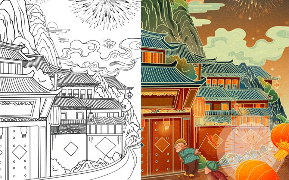 【绘画过程】PS板绘上色全过程,如何一步步画出京城新年美景~