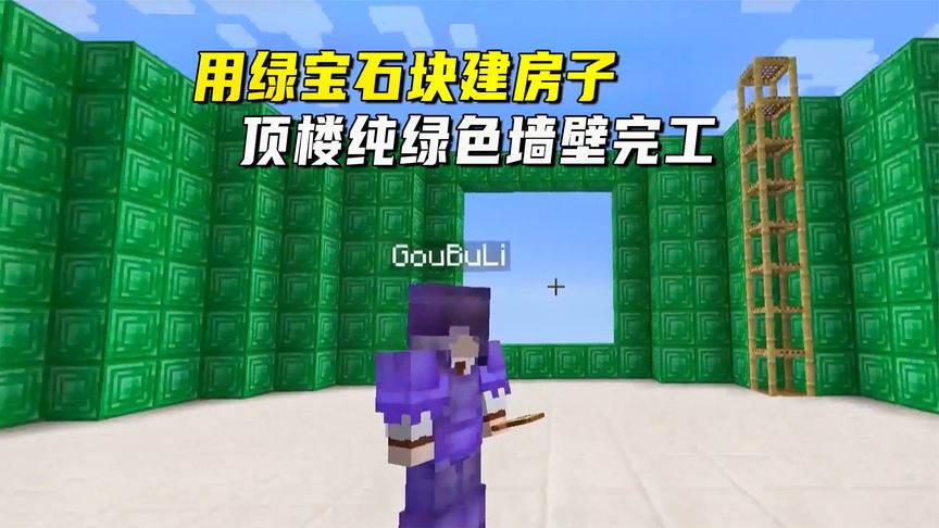 我的世界1.16联机219:用绿宝石块建房子,顶楼的纯绿色墙壁完工