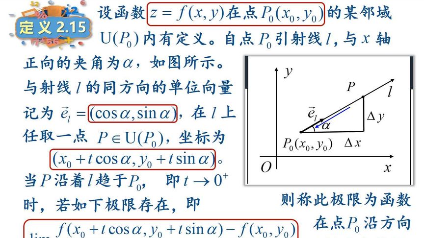 高数视频第107讲:偏导数与全微分的应用之--方向导数及计算方法