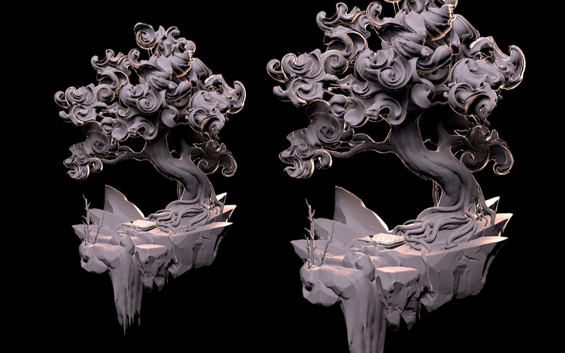 【zbrush雕刻】次世代游戏场景树木山石雕刻制作全流程!纹理细节雕刻...