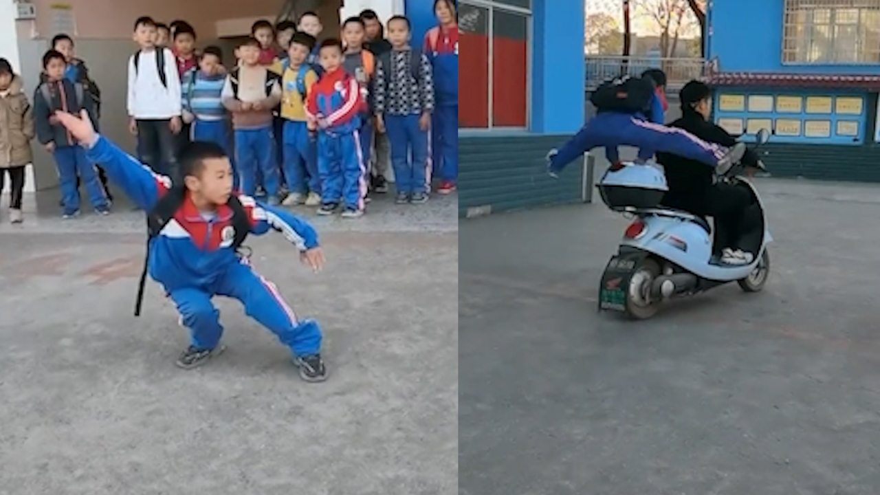 帅炸!小学生下课打拳空翻动作行云流水,翻跳上电瓶车引同学惊呼