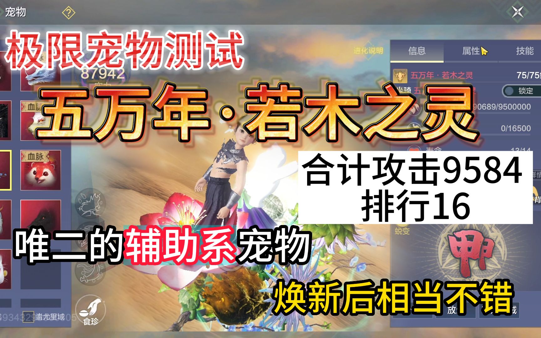极限宠物测试 五万年若木之灵 合计9500+攻击 唯二的辅助宠物 焕新后...