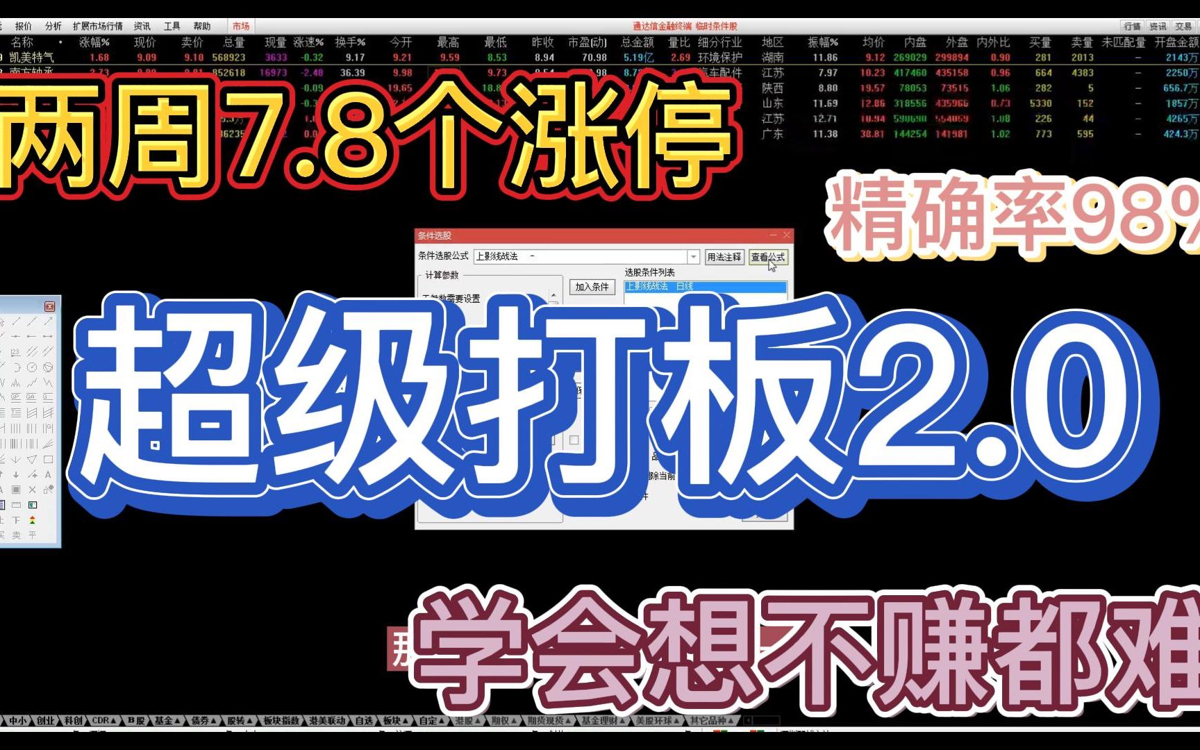超级打板2.0,两周7.8个涨停,精准到98%的指标公式