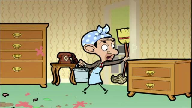 憨豆先生动画版:憨豆在打扫卫生,小猫却在.