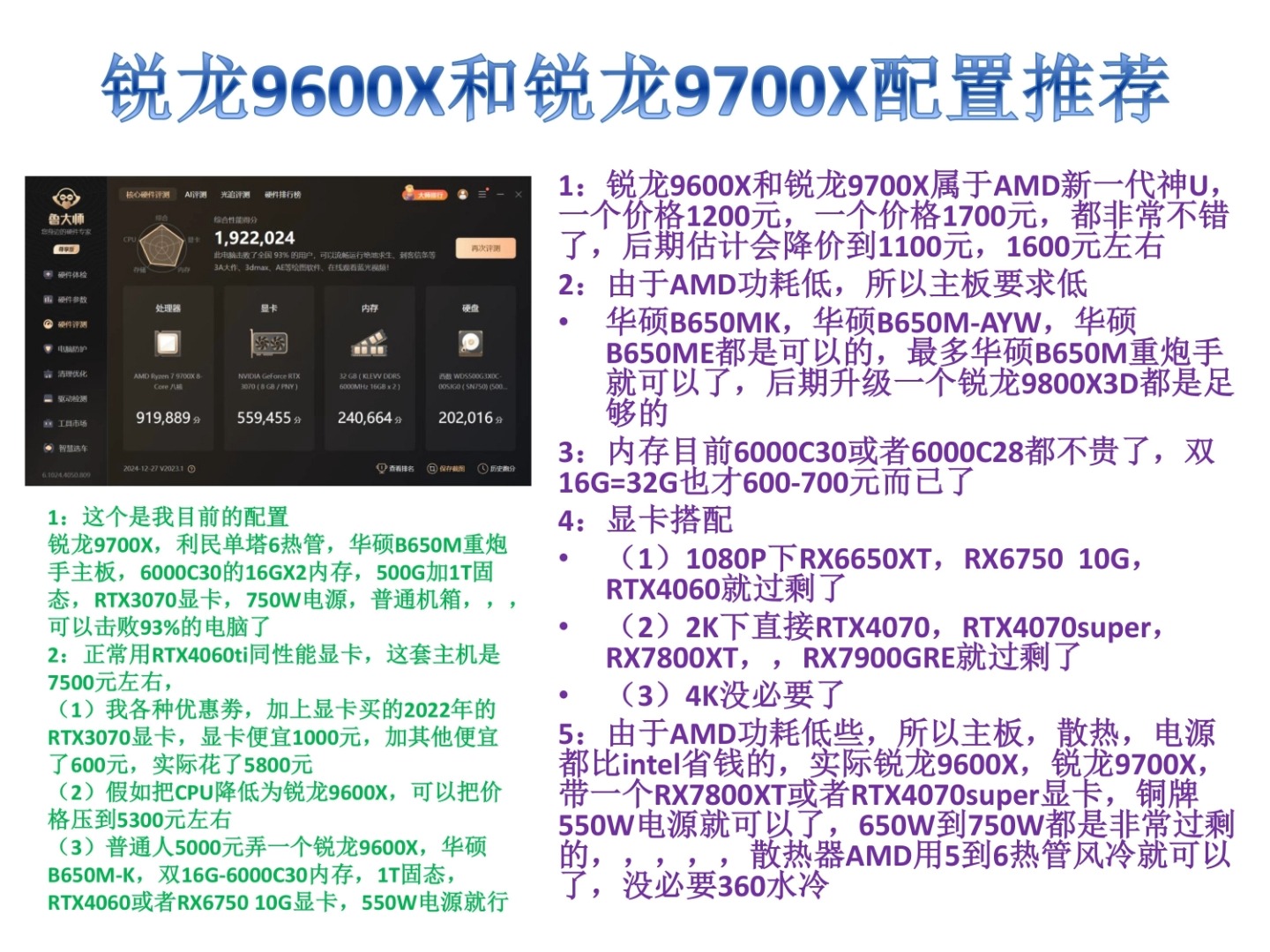 锐龙9600X和锐龙9700X配置推荐,主板,CPU散热,电源比较省钱