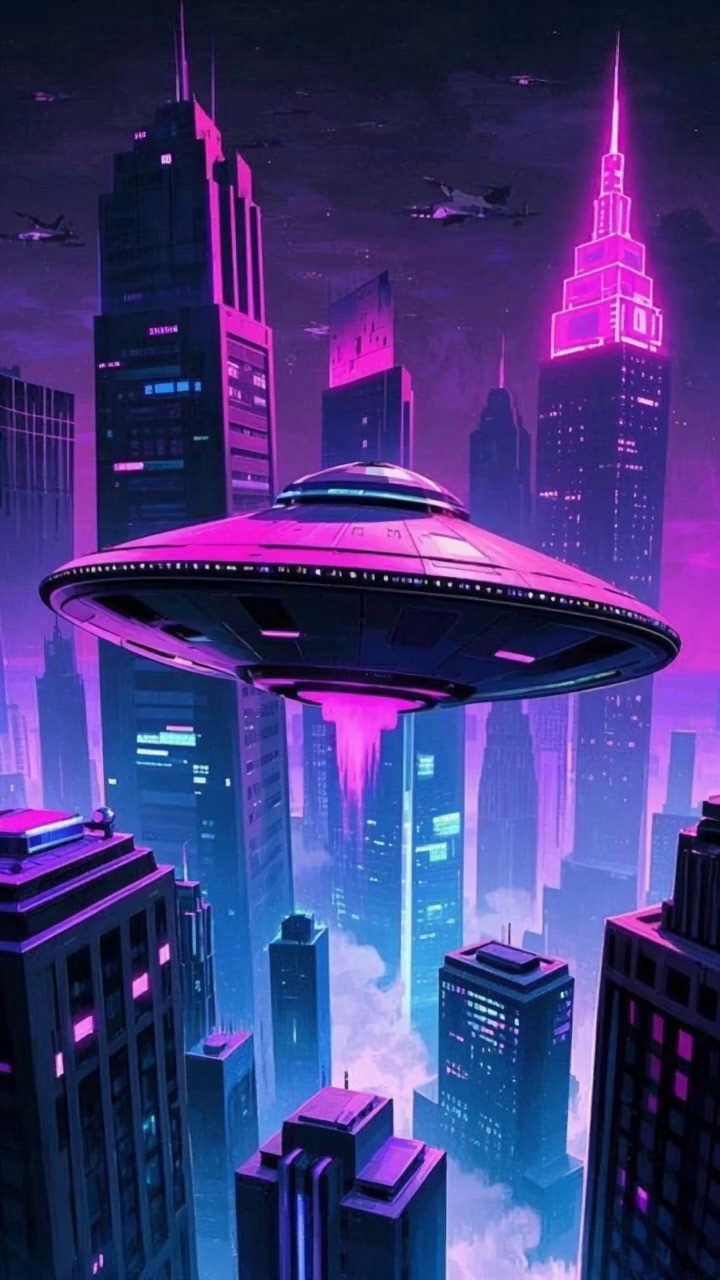 ...散发幽蓝光芒的碟形不明飞行物悬浮在建筑群上空,飞行器底部投射出...