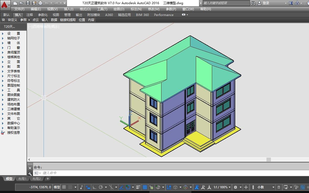 T20天正建筑绘制一套别墅平面、三维、立面和剖面图