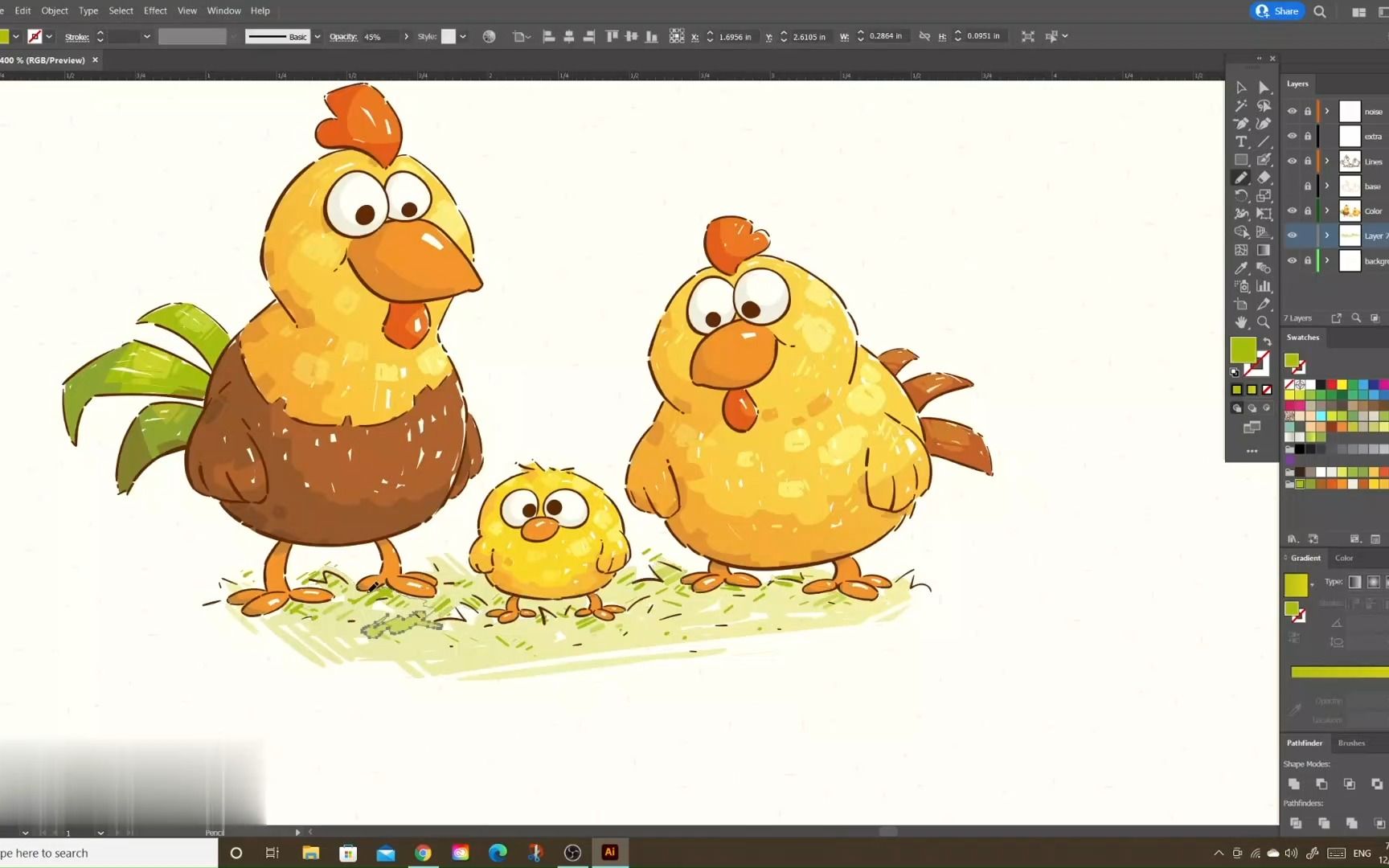 插画家绘画。可爱的公鸡、母鸡和小鸡矢量绘图