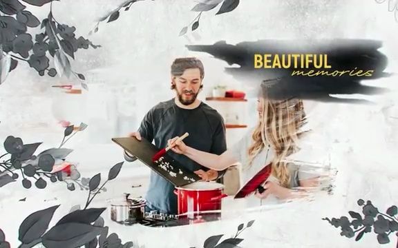 AE模板-中国风水墨花卉笔刷遮罩家庭回忆照片幻灯片展示