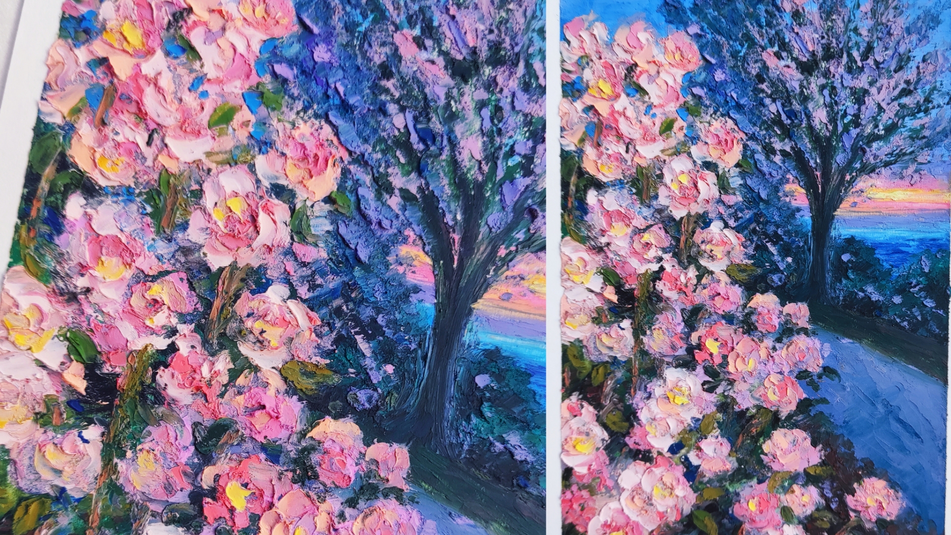 傍晚的粉色月季花–油画棒手绘过程分享