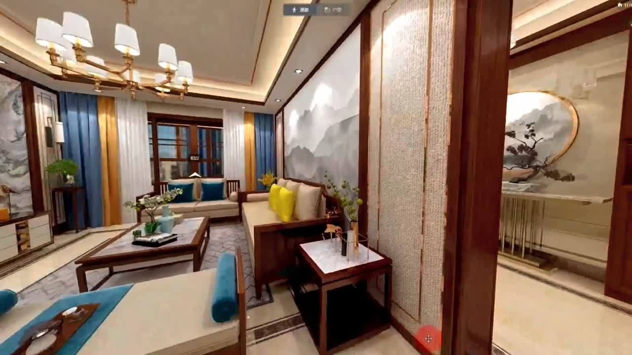 四居室新中式装修效果,全屋胡桃木色的板材.