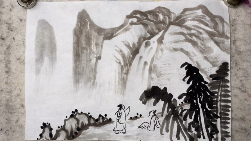 简单国画山水画教程,泉鸣山清图
