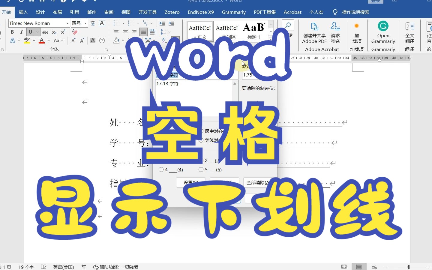 word文字后面空格的下划线不能够显示
