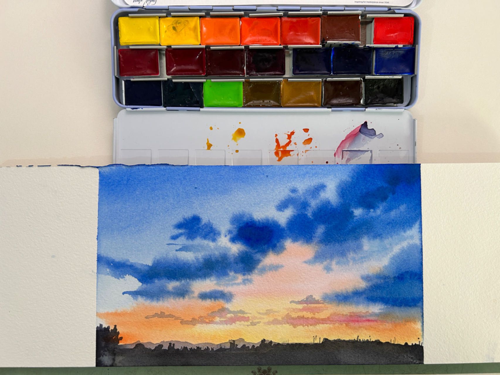 【水彩】水自己会画画,简单好看的晚霞过程