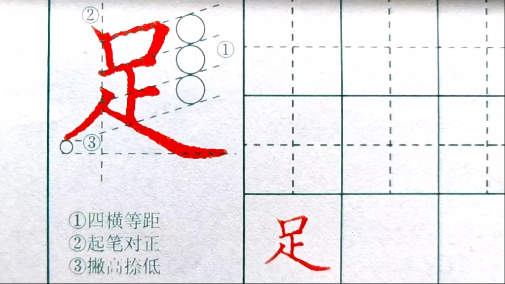 “足”字的写法注意等距,撇短捺长,捺脚丫微微上翘一点点
