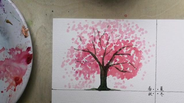 零基础绘画,水彩教程风景类——用棉签画的樱花树