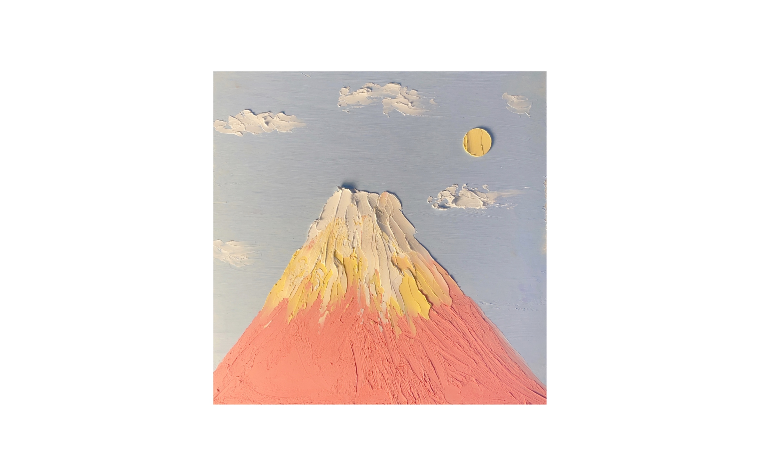 超简单油画棒风景画粉色富士山