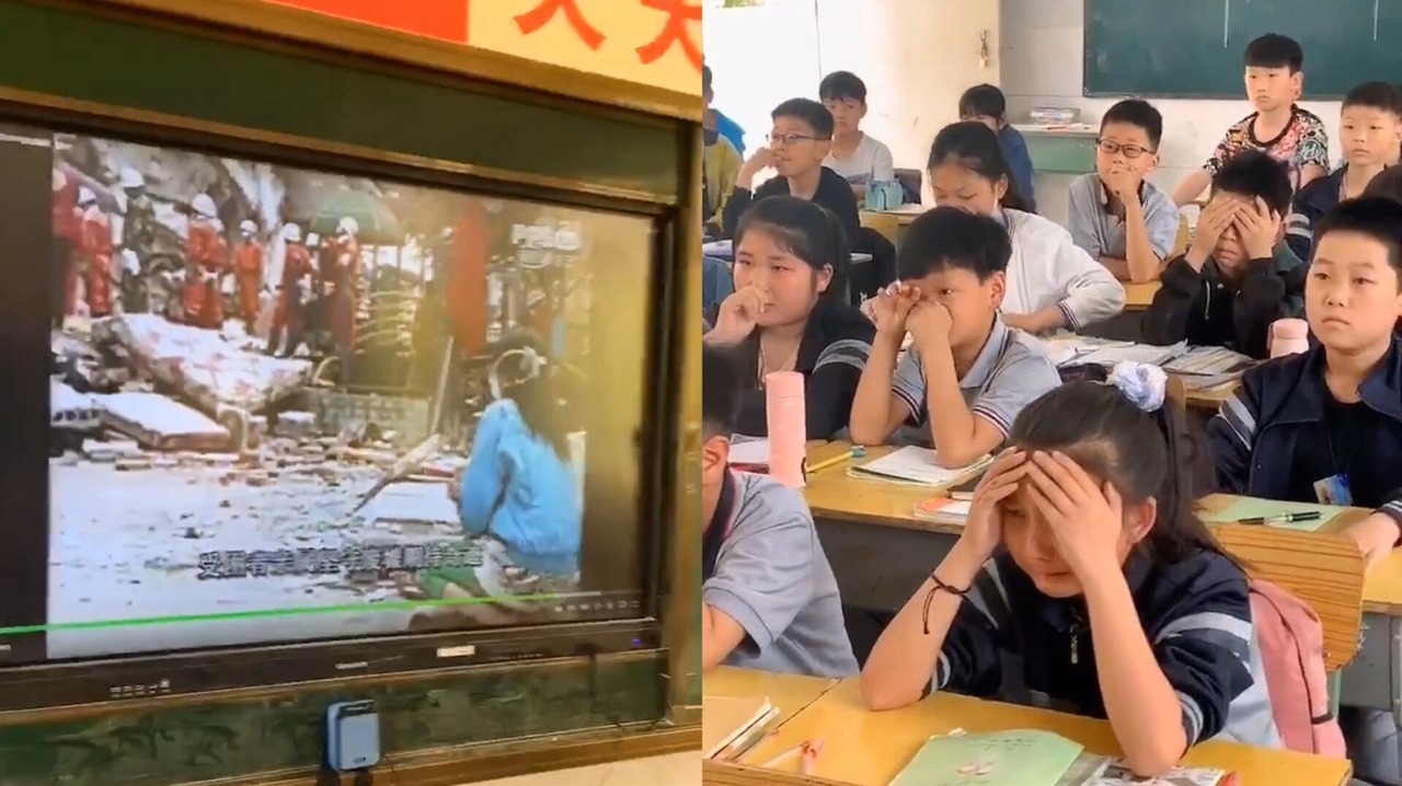 老师在课堂上播放汶川地震视频,学生们纷纷哭成泪人,.