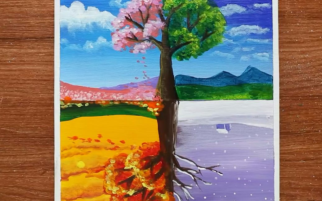 手工绘画作品,看看如何画有创意的四季树!