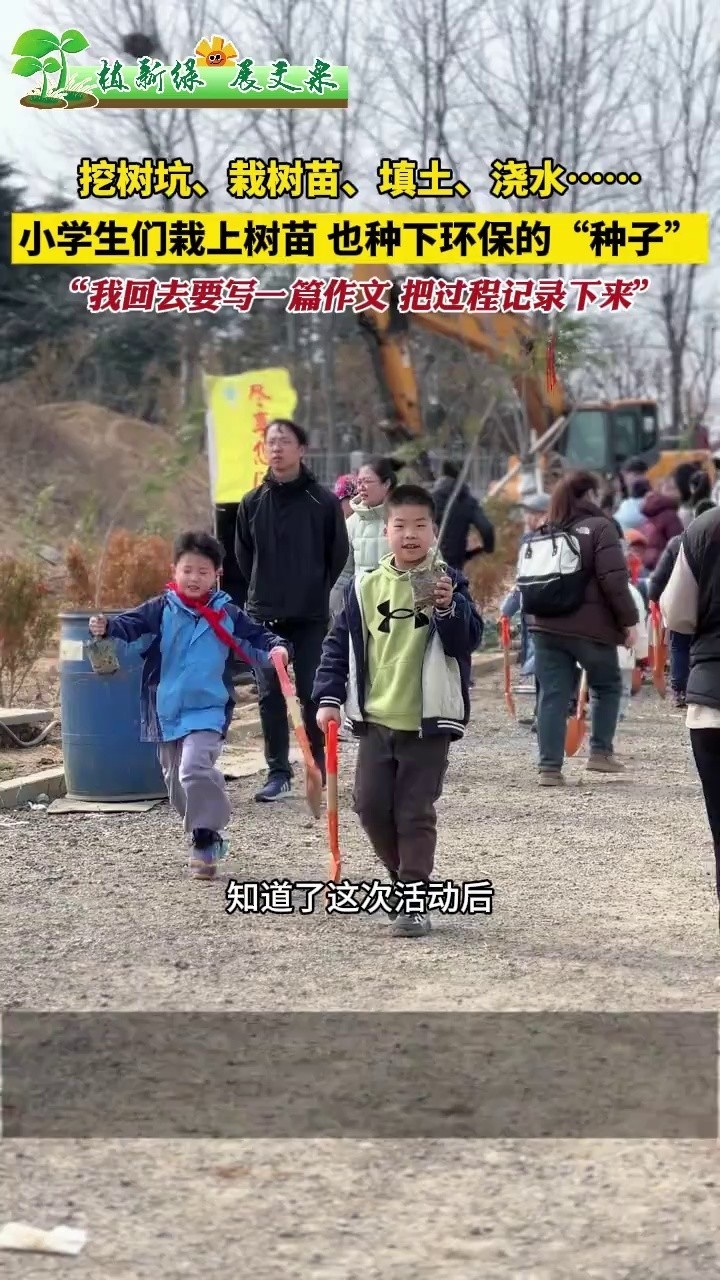 挖树坑、栽树苗、填土、浇水……小学生们栽上树苗,也种下环保的"...