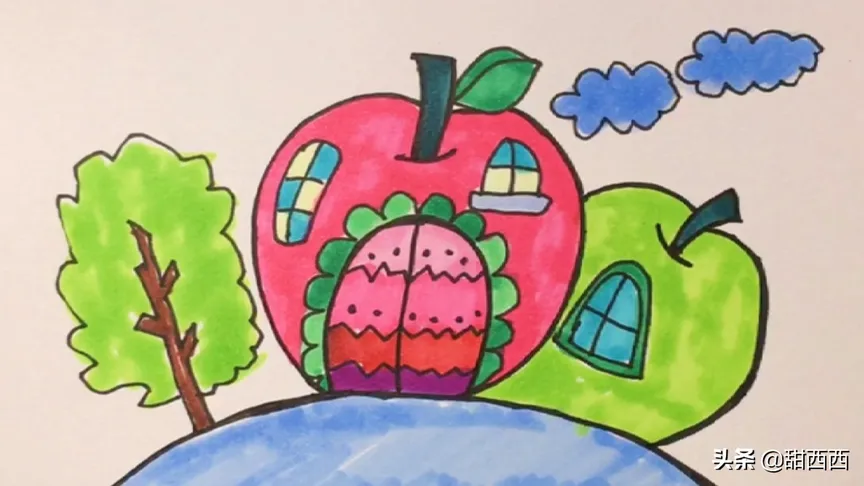 儿童美术绘画教程,创意趣味简笔画,创意苹果屋简单有趣