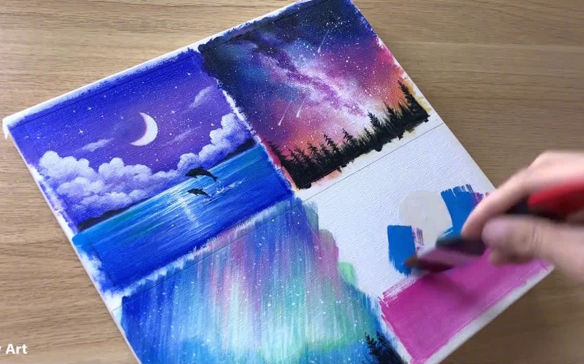 点开视频欣赏神仙画画,四宫格画出不同夜景:海洋、星空、极光、森林.