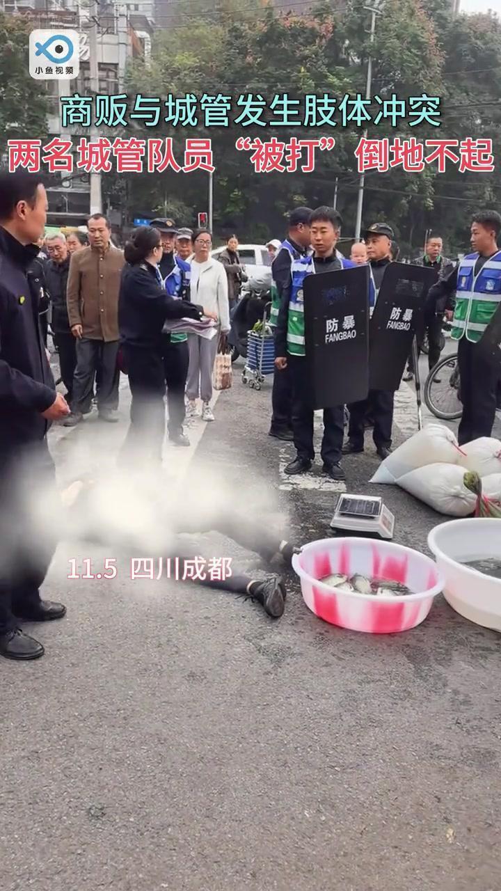 城管执法时与商贩发生冲突,两名城管队员倒地不起。