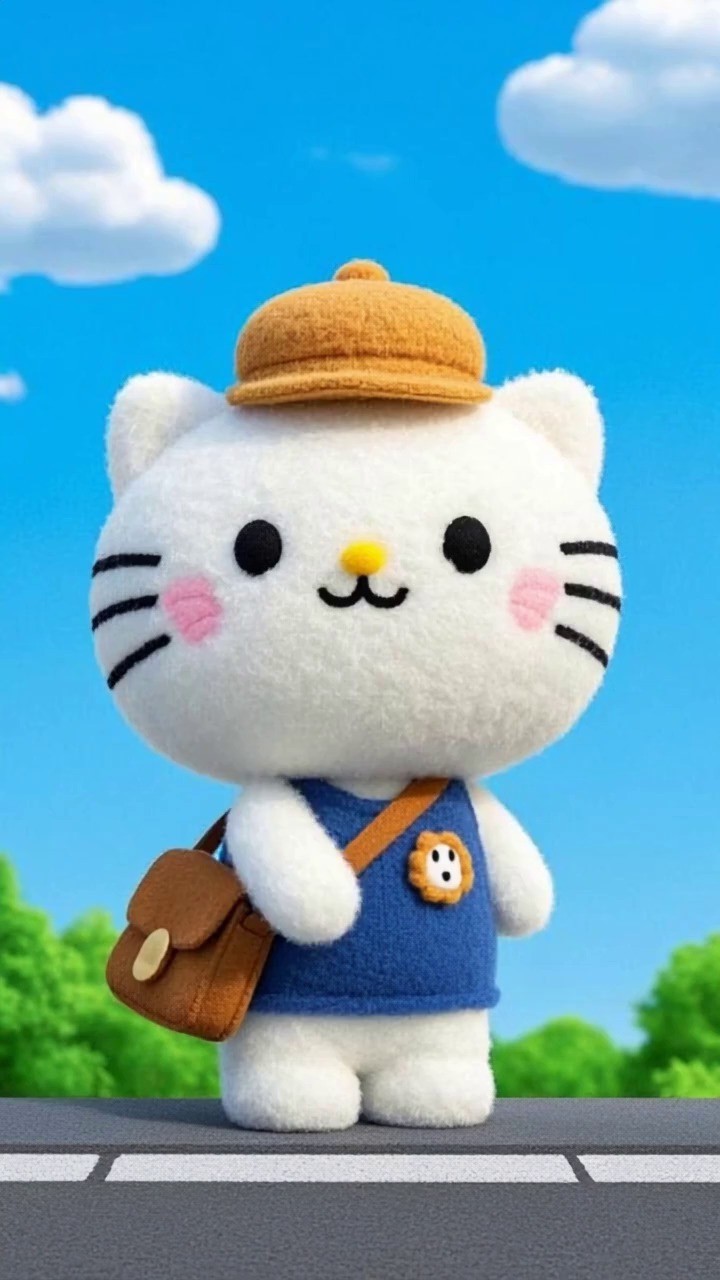 卡通风格可爱猫咪,头戴红色针织帽,背黄色双肩包,直立站立姿势,毛茸茸...