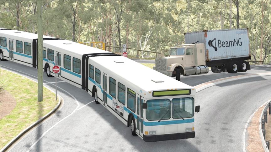 BeamNG:超载集装箱货车来不及刹车冲向加长大巴车,拟真车祸模拟