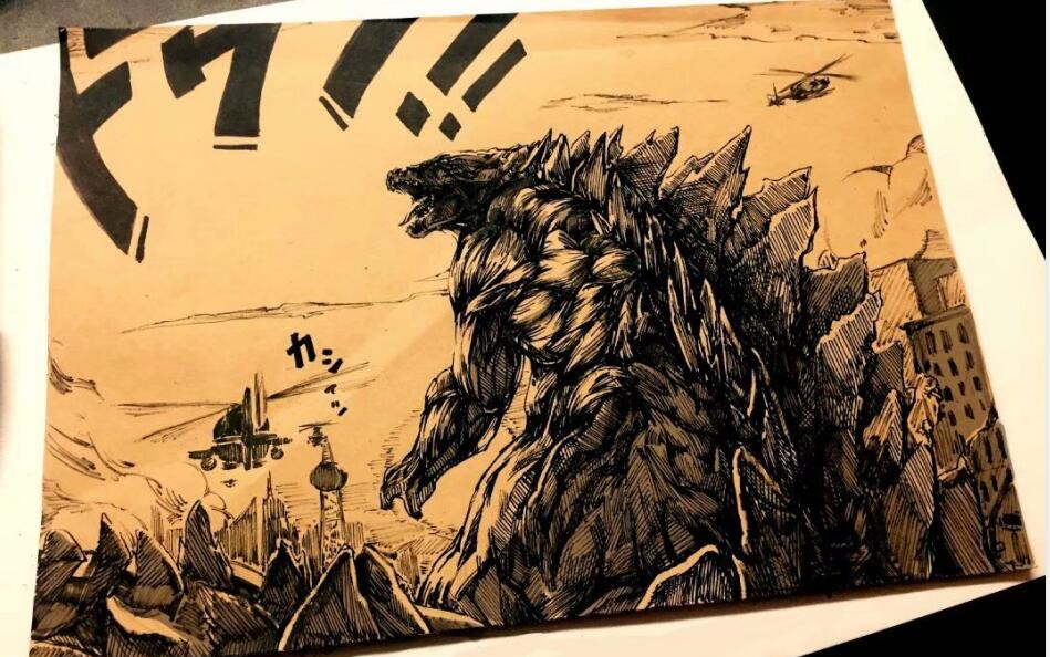 【漫画,针管笔的使用】想画画的萌新,这只哥斯拉的画法,线条使用方法...