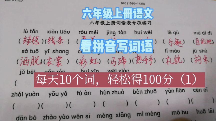 六年级上册语文,看拼音写词语,每天10个词,轻松得100分(1)