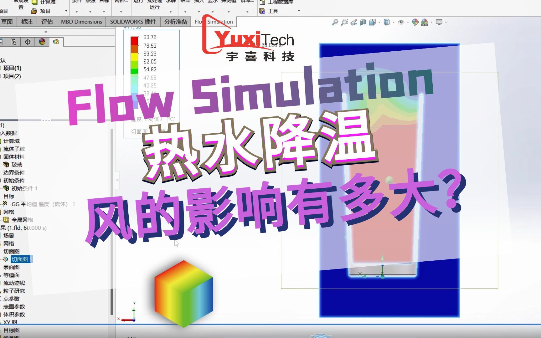 SOLIDWORKS Flow Simulation一杯热水放置1分钟,温度能降到多少度?