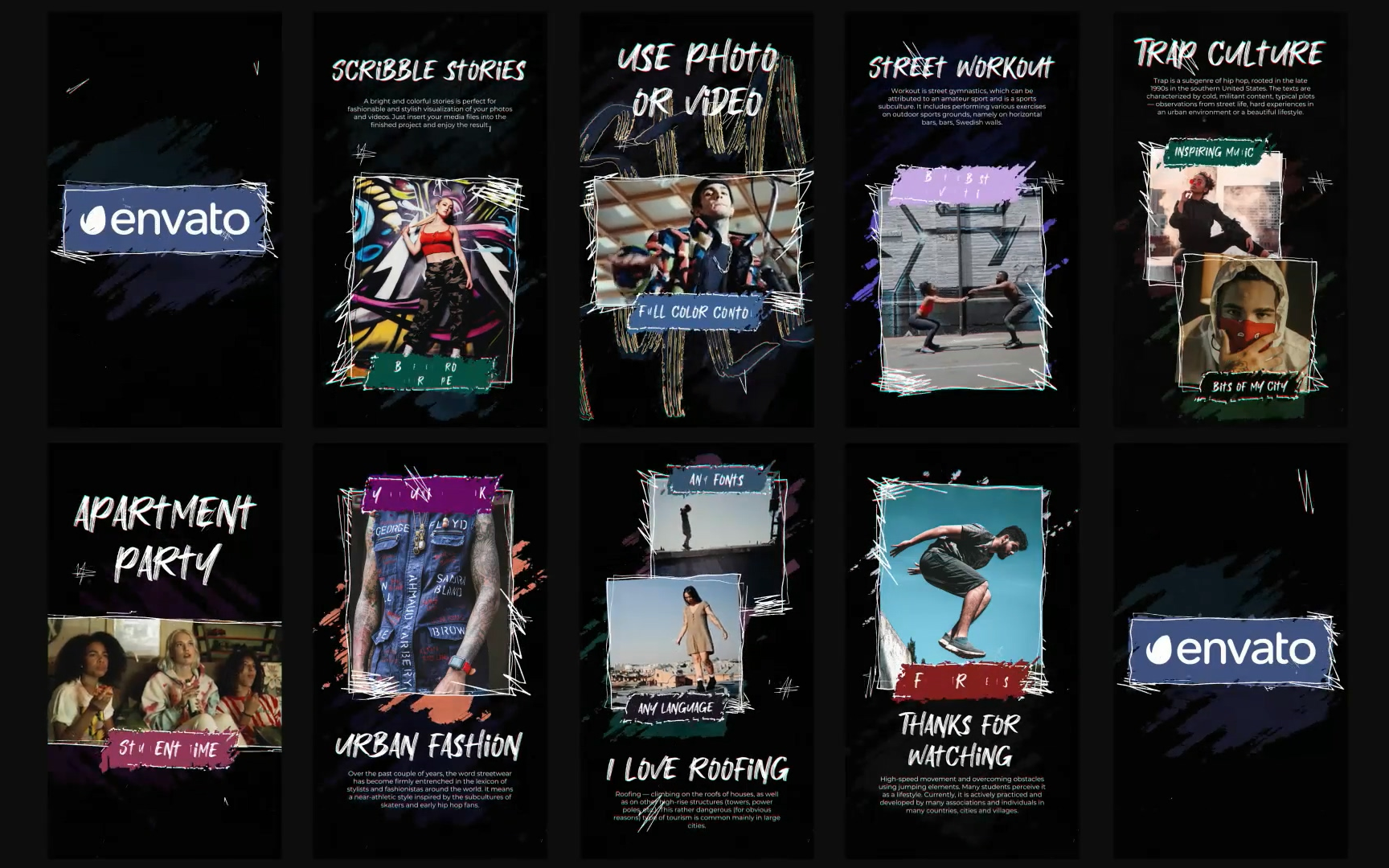 AE模板-10套竖屏铅笔彩笔涂抹嘻哈线框效果的动态封面排版海报设计...