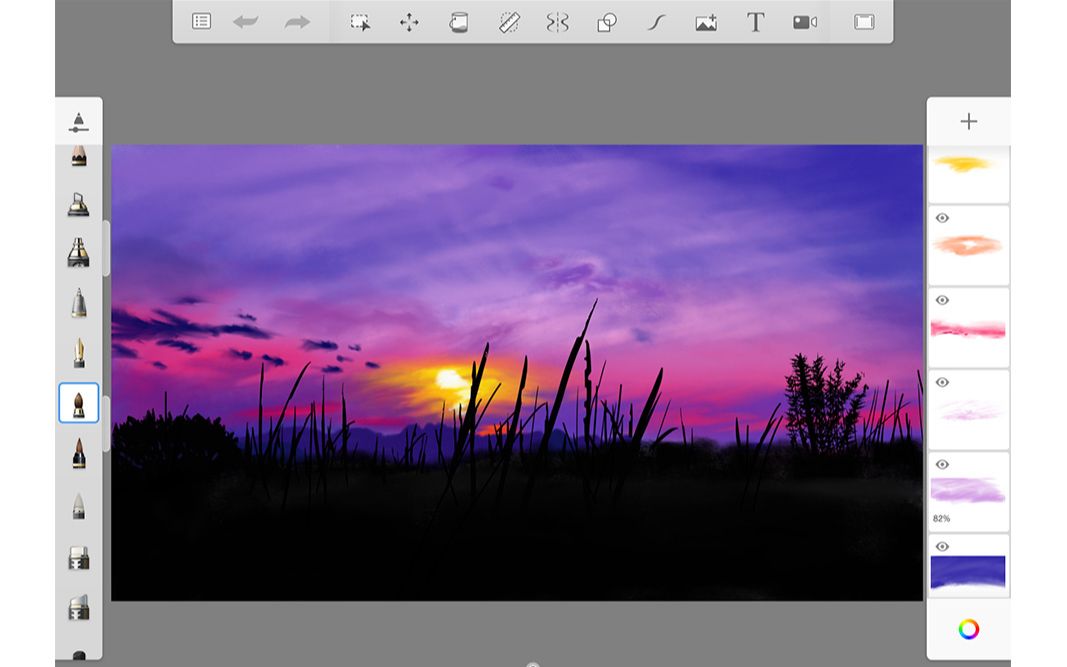 【iPad绘画】用sketchbook(妙笔生花)画紫调日落晚霞风景(照片临摹)...