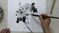 中国画小品水墨菊花画法,浓淡画叶子,层次分明有韵味