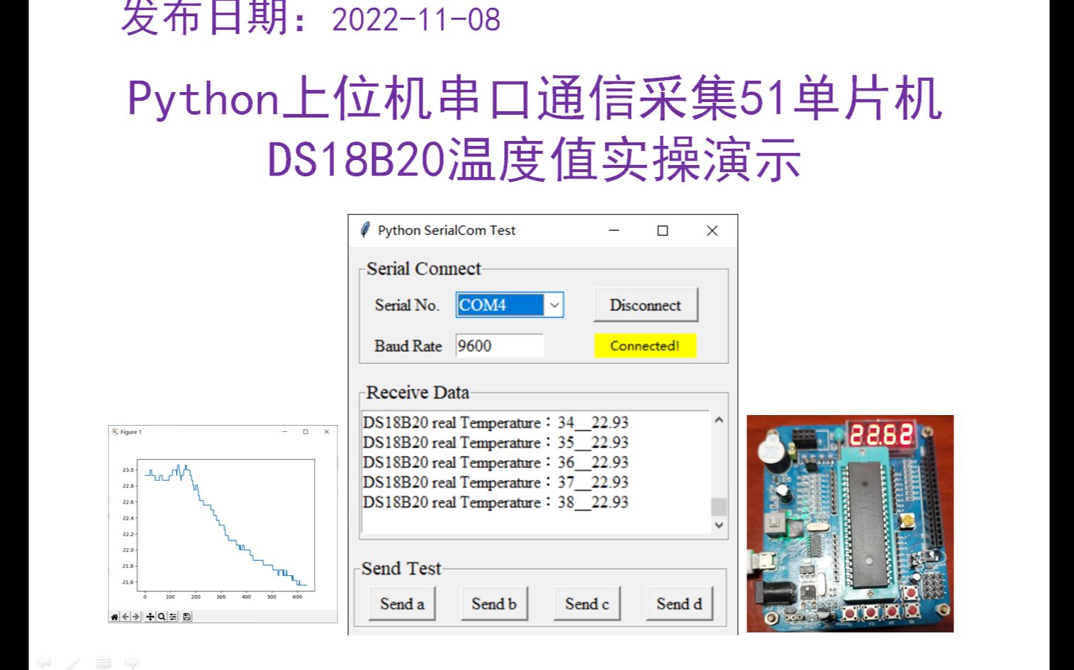 Python上位机串口通信采集51单片机DS18B20温度值实操演示
