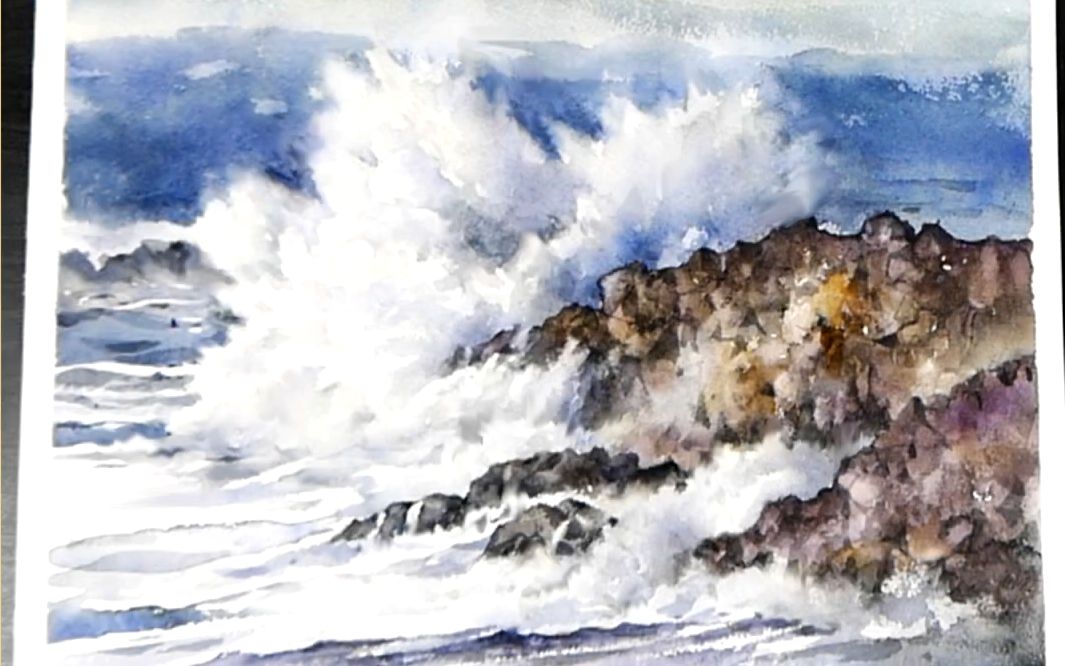 【水彩画】海浪 大海 海水 海边 水彩画法