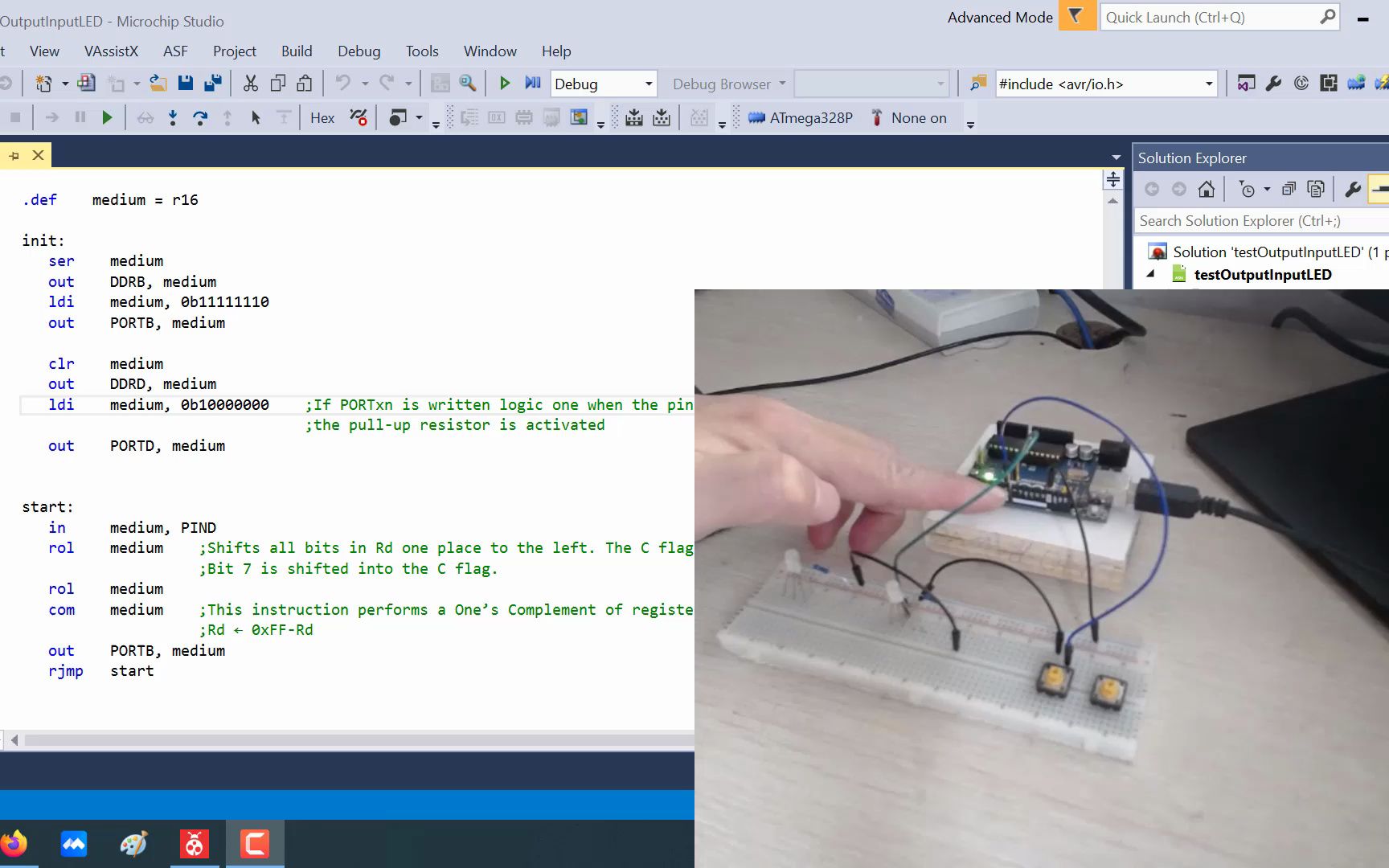 Lesson 3: asm - ATmega328p - Microchip Studio - pushbutton - LED