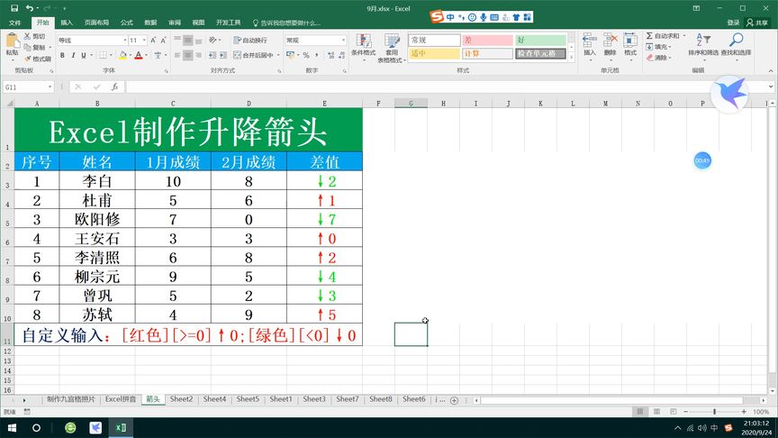 Excel制作升降箭头