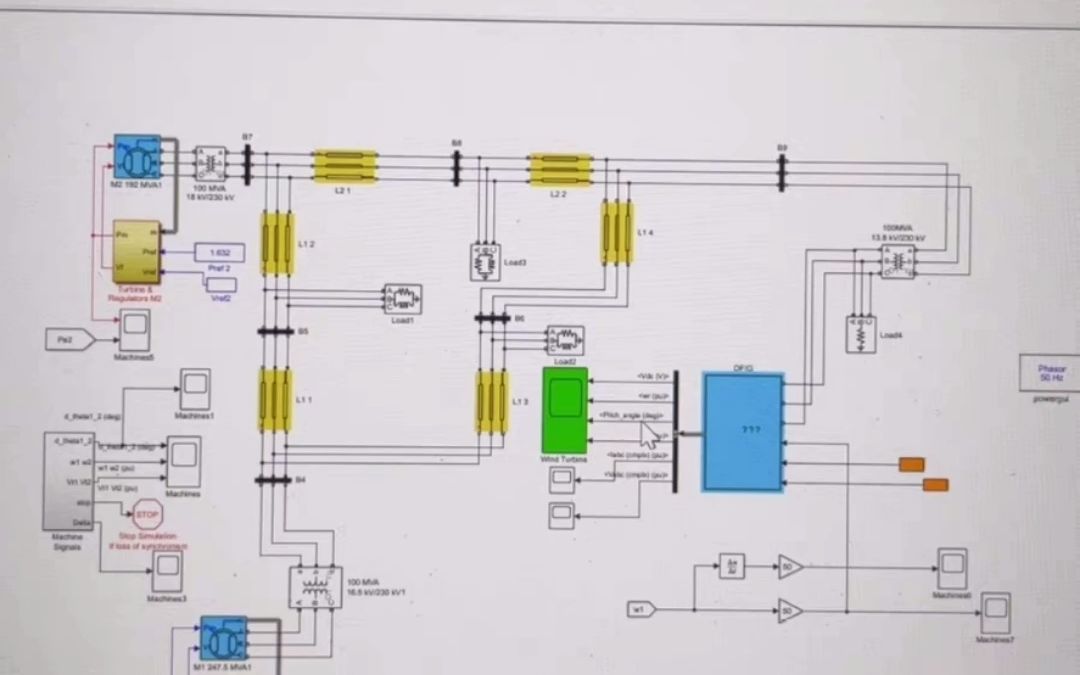 Matlab Simulink双馈风机接入的三机九节点模型,所有参数已调好且可调...