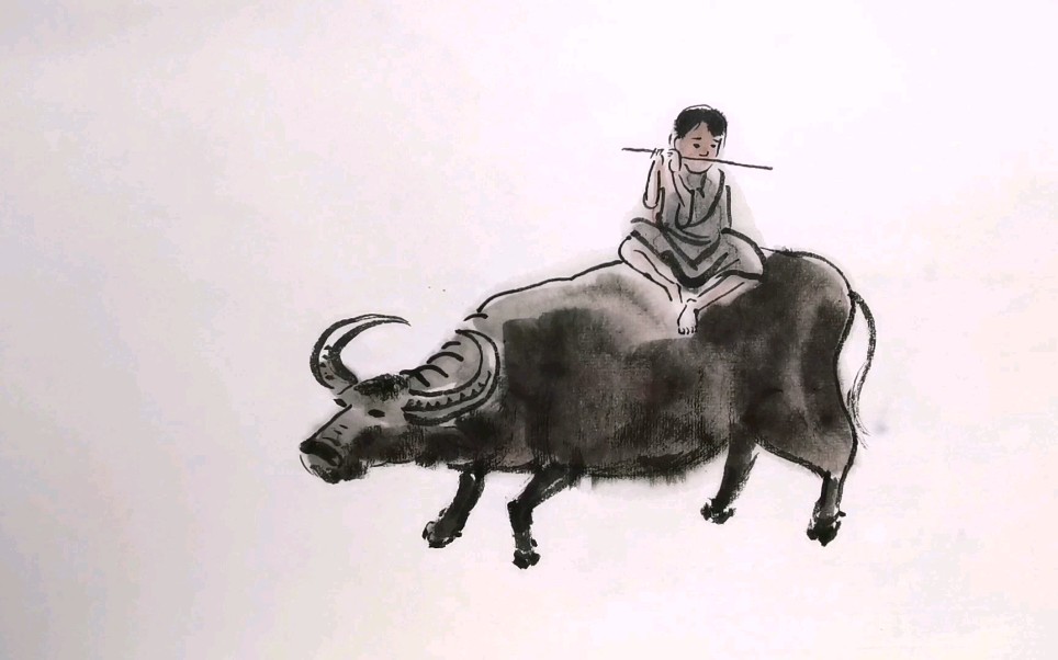 中国画水墨画,画一位在水牛身上吹笛子的牧童