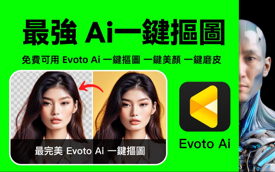 免费Ai工具 Evoto 最强 Ai一键抠图 |一键美颜 | 一键磨皮