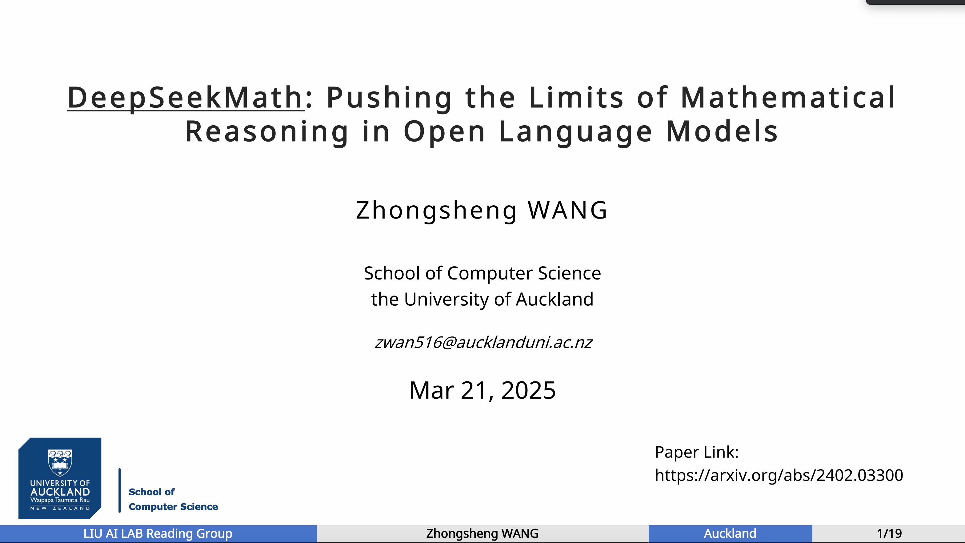 Mar 21, 2025 LIU AI LAB Reading Group 1: DeepSeekMath & GRPO
